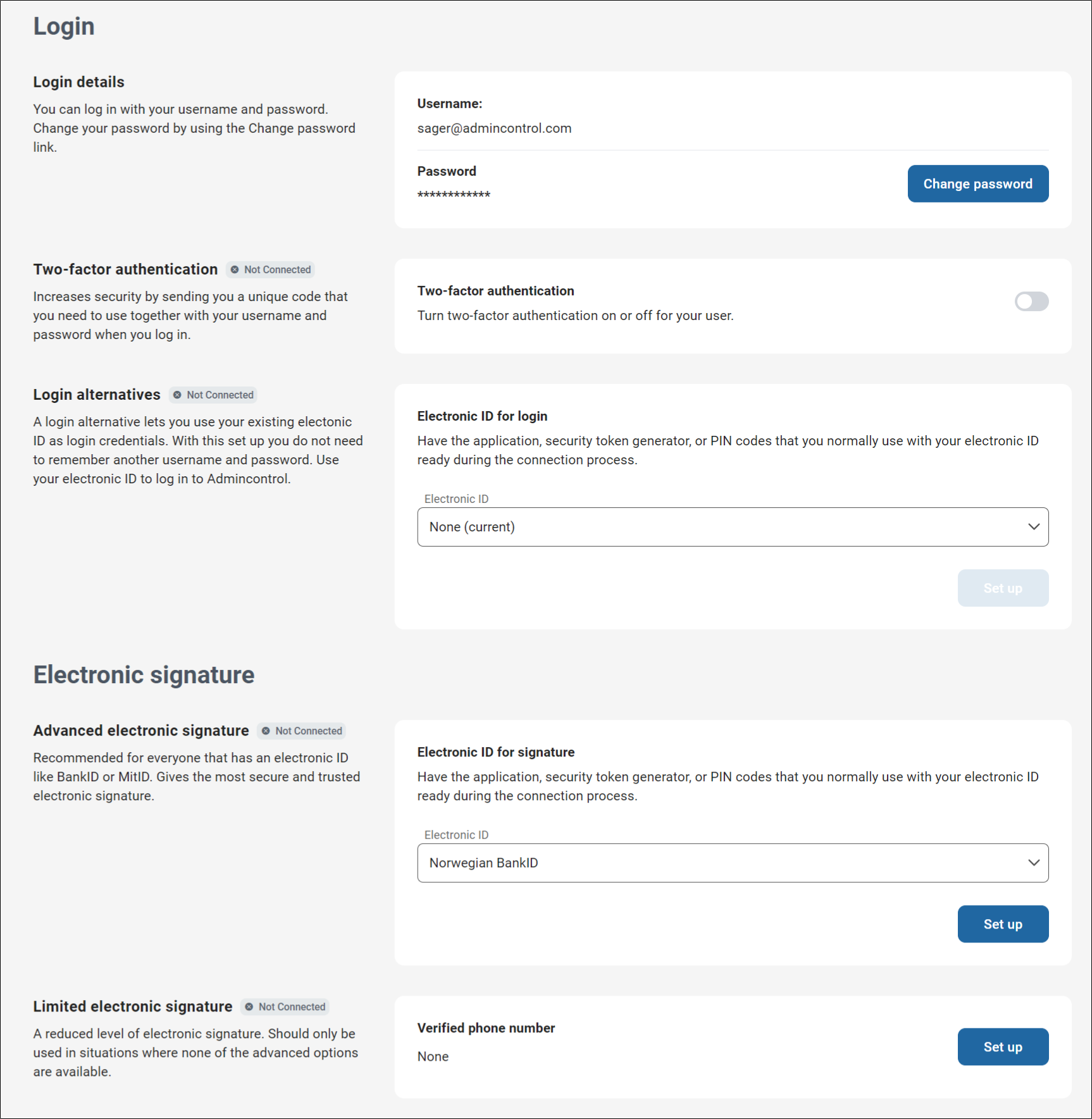 Personal user settings – Admincontrol Help Centre